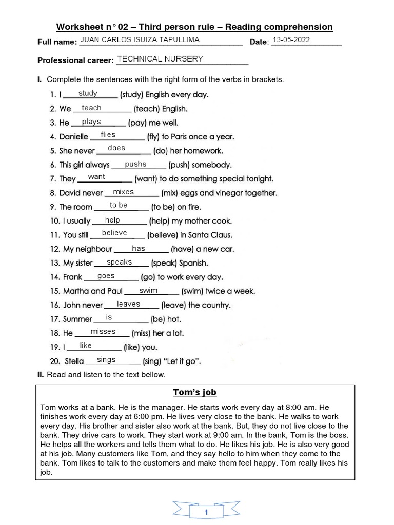 Worksheet N° 02 - Third Person Rule - Reading Comprehension | PDF ...