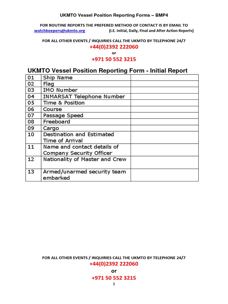 UKMTO Vessel Position Reporting Form - Initial Report | PDF