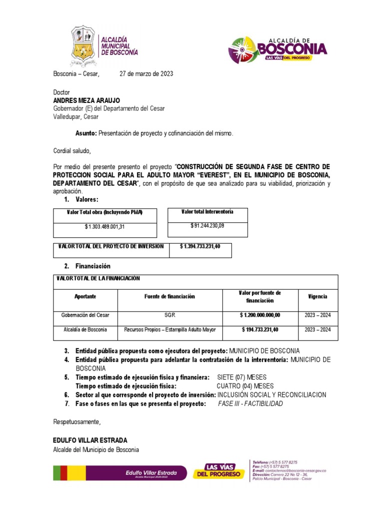 Bosconia - Cesar, 27 de Marzo de 2023 Doctor: Gobernador (E) Del ...