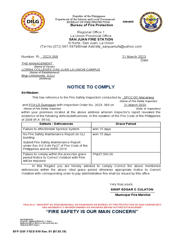 Notice To Comply: Republic of The Philippines | PDF | Fire Safety ...