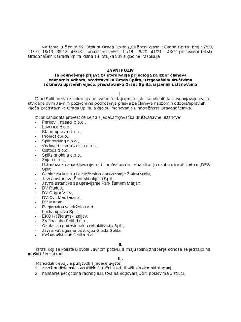 Javni Poziv - Nadzorni Odbori I Upravna Vijeća | PDF