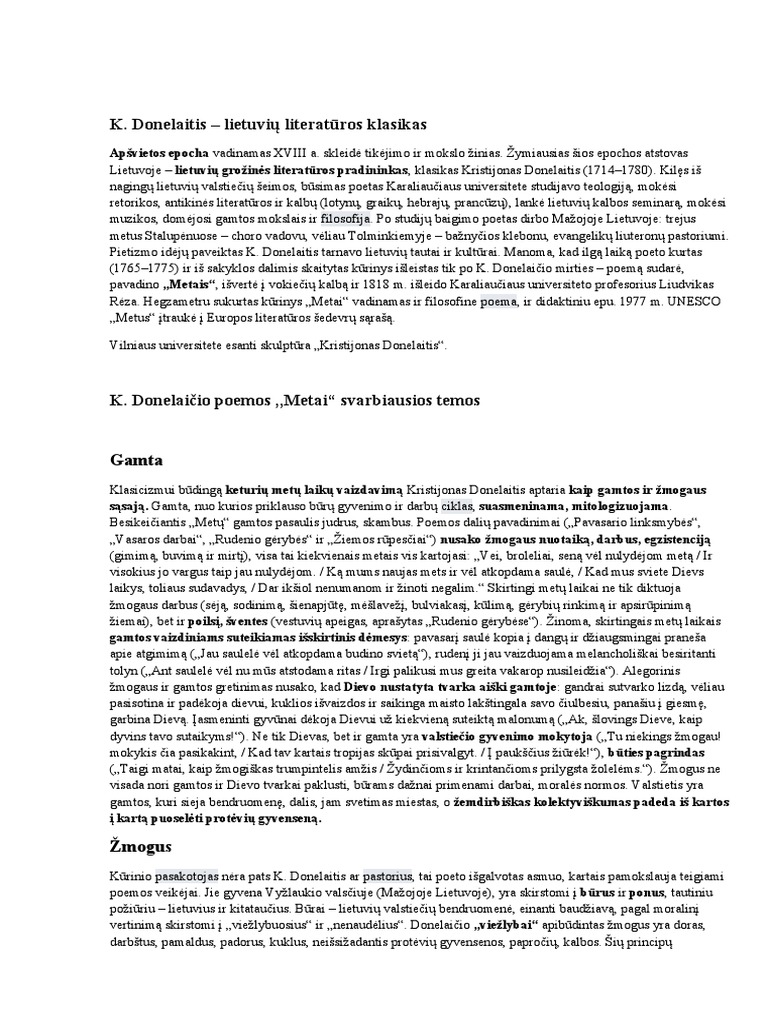 Donelaitis. Metai. Konspektas | PDF