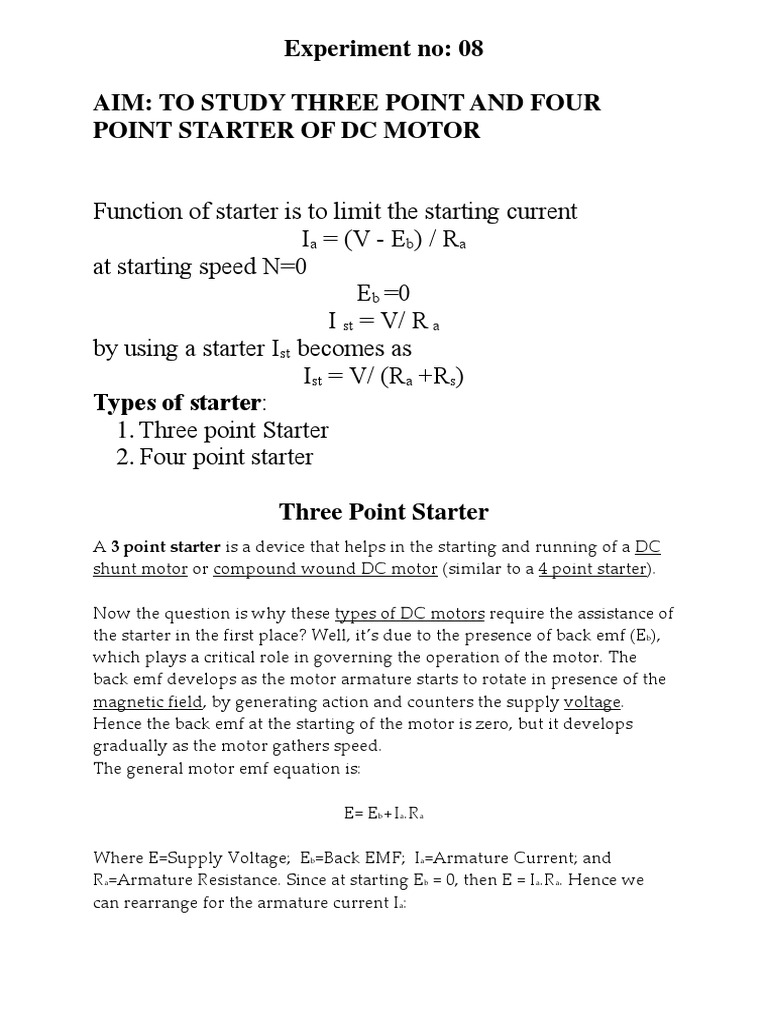 Three Point and Four Point Starter | PDF | Electric Motor | Inductor