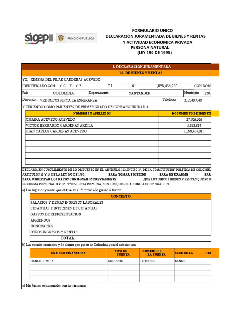 Formulario Unico Declaración Juramentada de Bienes Y Rentas Y Actividad ...