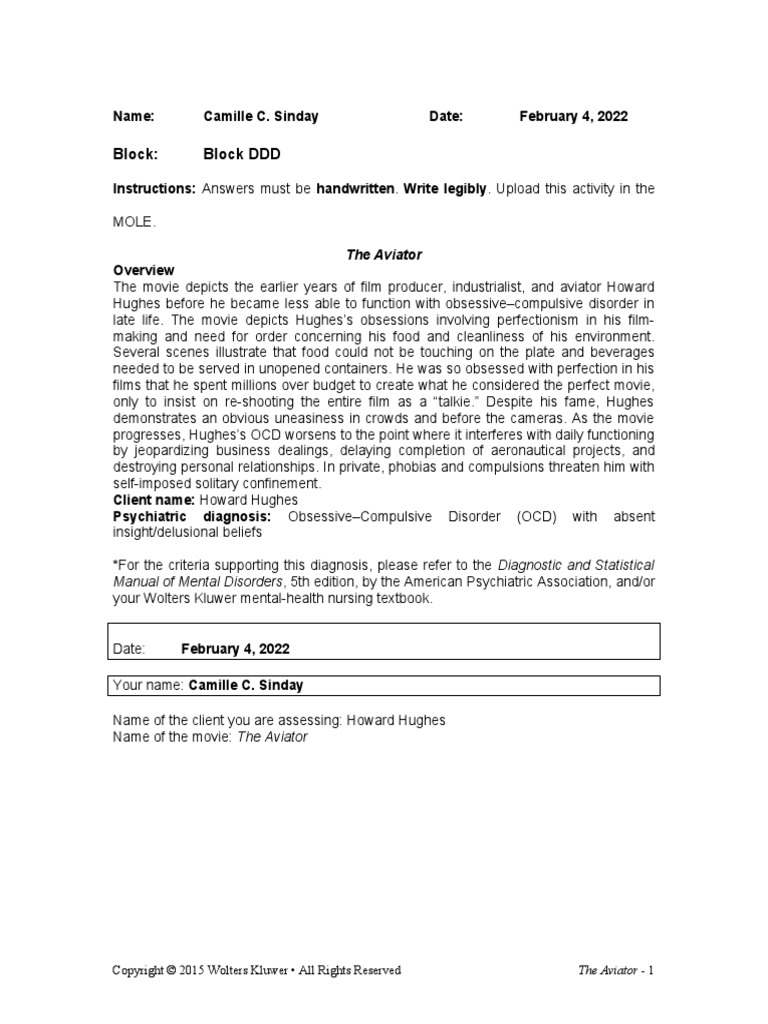 The Aviator Answers | PDF | Obsessive–Compulsive Disorder | Anxiety ...