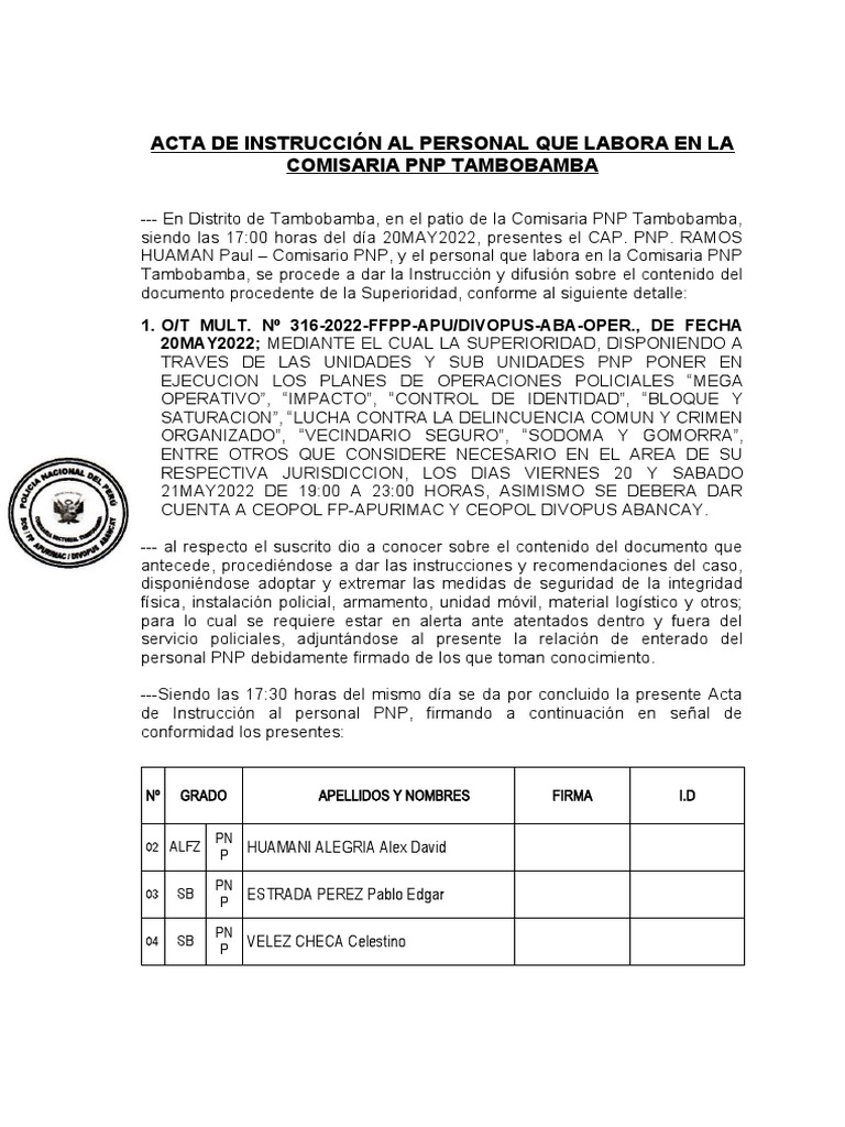 Acta de Instrucción Al Personal Que Labora en La Comisaria PNP Tambobamba | PDF | Policía ...