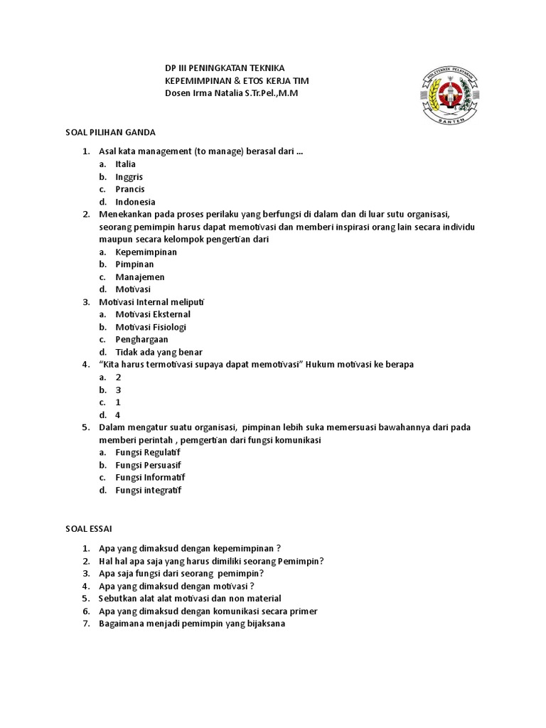 Soal Utd DP III Kepemimpinan & Etos Kerja Tim | PDF