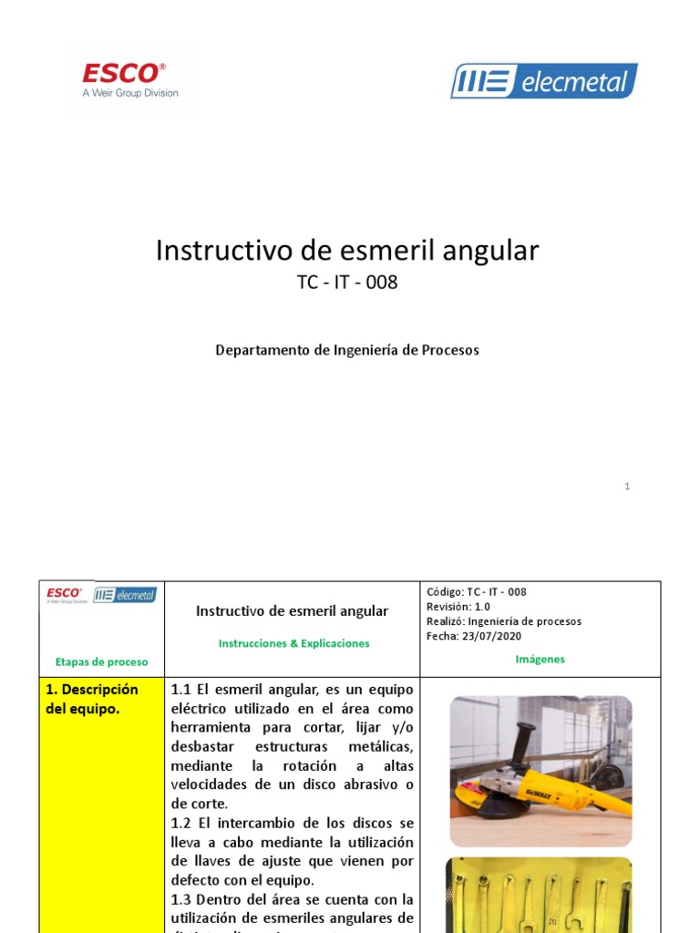 Instructivo de Uso del Esmeril Angular | PDF | Herramientas | Metalurgia