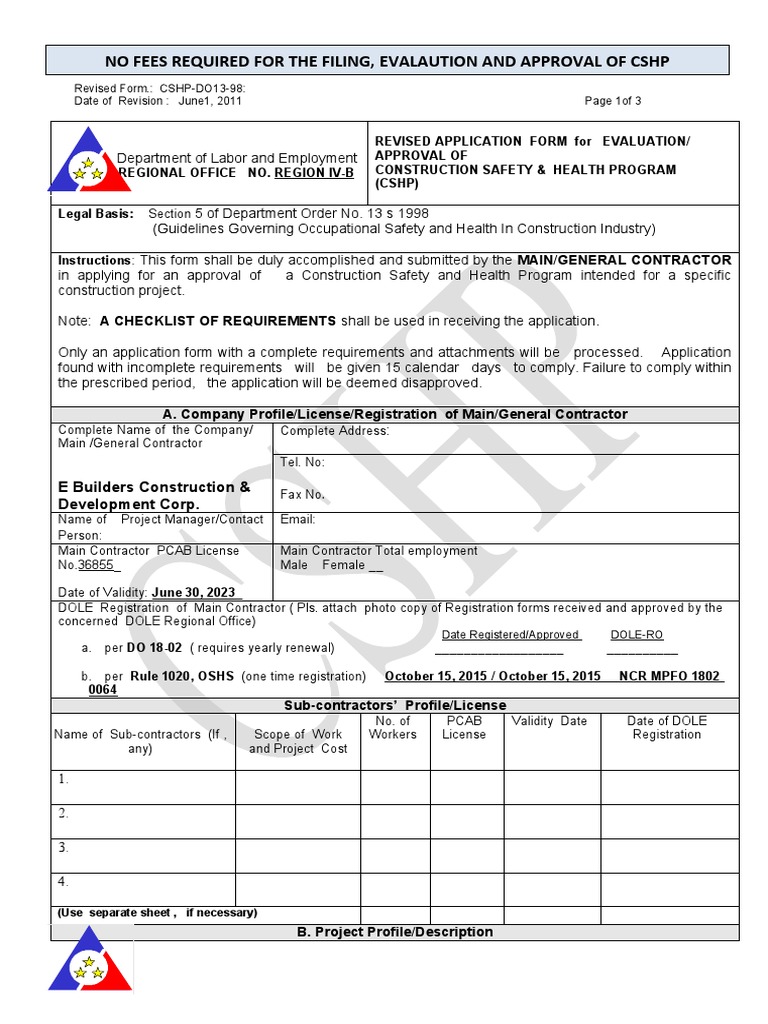 No Fees Required For The Filing, Evalaution and Approval of CSHP | PDF ...