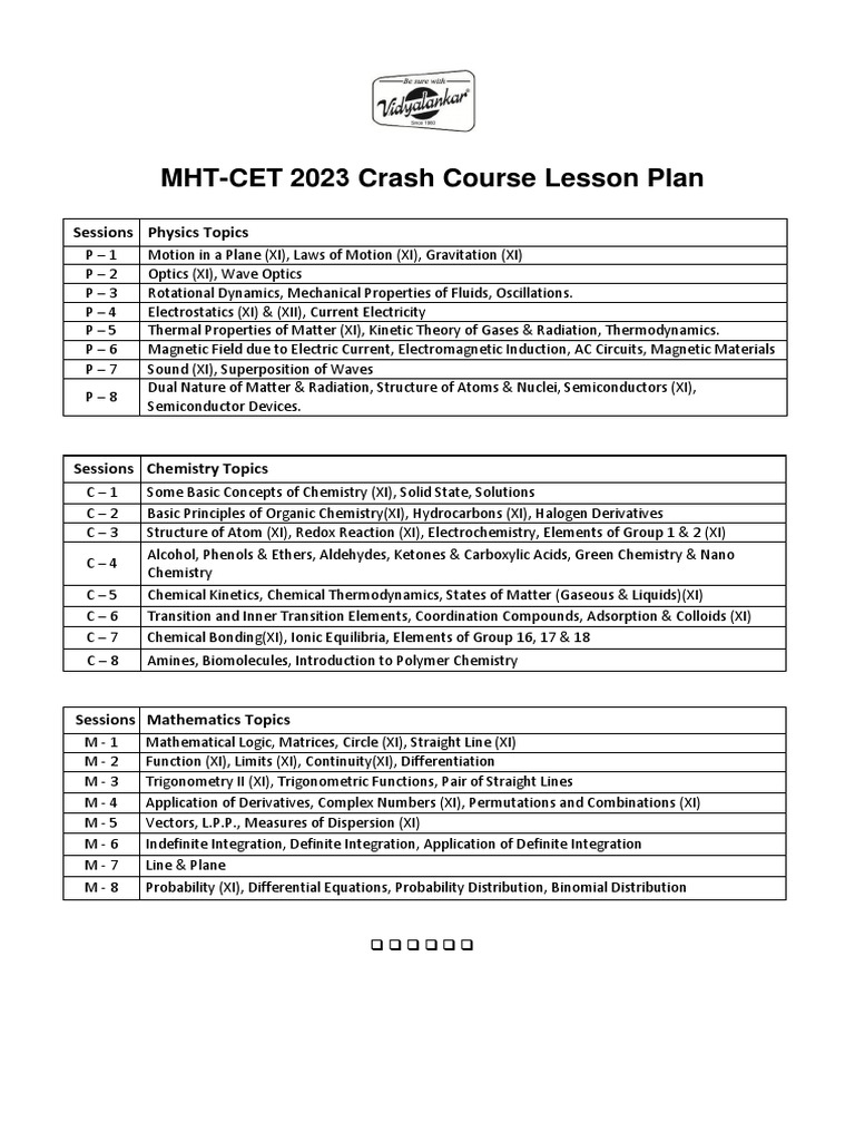 MHT-CET 2023 Crash Course Overview | PDF