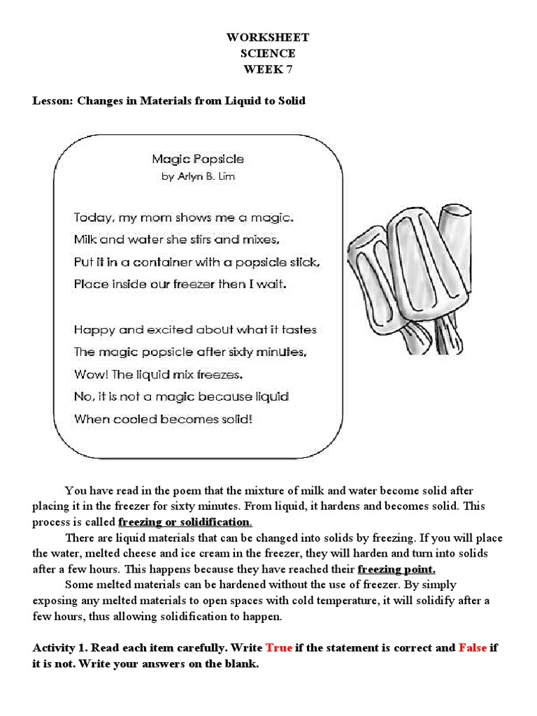 Liquid to Solid: Freezing Process Worksheet | PDF