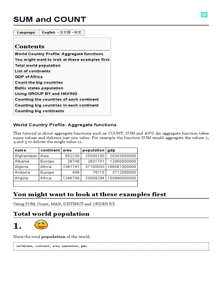 SUM and COUNT - SQL | PDF