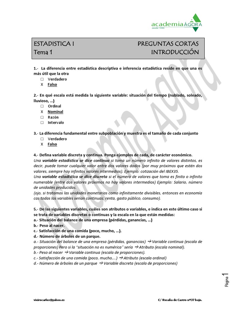 Tema 1. Introducción. 2. Preguntas Cortas | PDF | Estadísticas | infinito