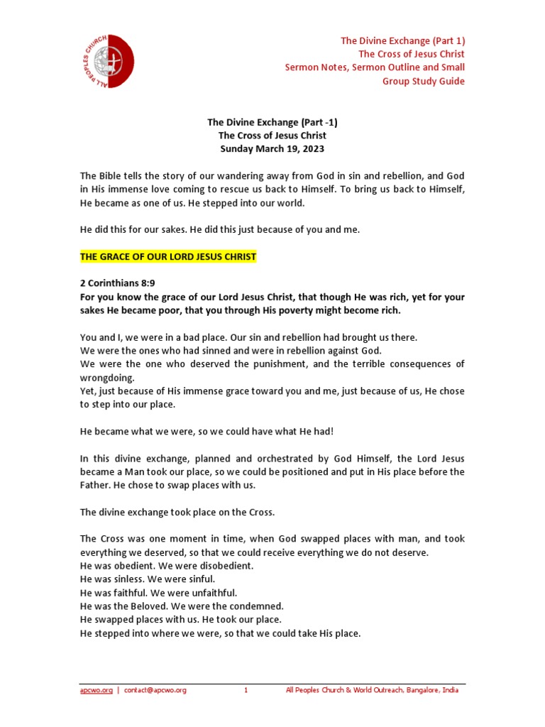 The Divine Exchange (Part 1) The Cross of Jesus Christ Sermon Notes ...