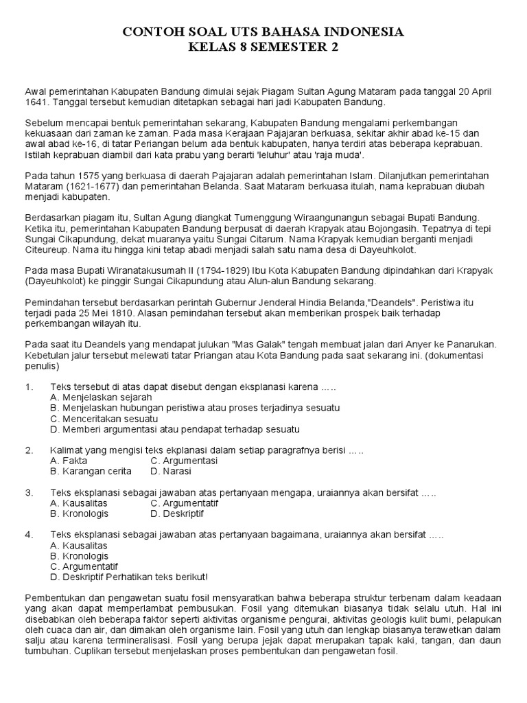 Contoh Soal Uts Bahasa Indonesia Kelas 8 Semester 2 | PDF