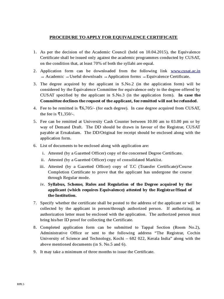 Procedure To Apply For Equivalence Certificate: WWW - Cusat.ac - in ...