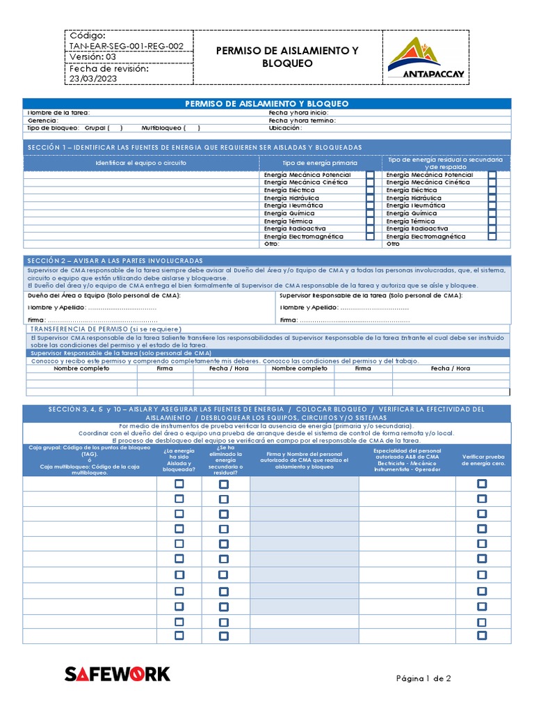 Permiso de Aislamiento Y Bloqueo: Código: TAN-EAR-SEG-001-REG-002 ...