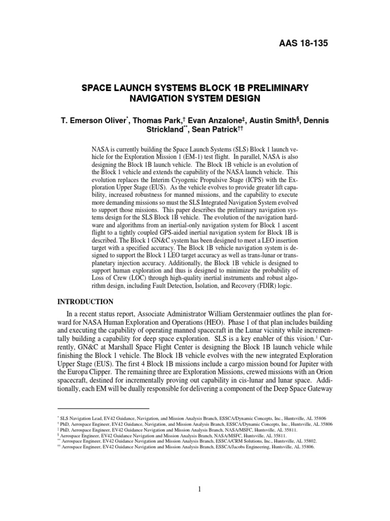 Space Launch Systems Block 1b Preliminary Navigation System Design Pdf Inertial Navigation