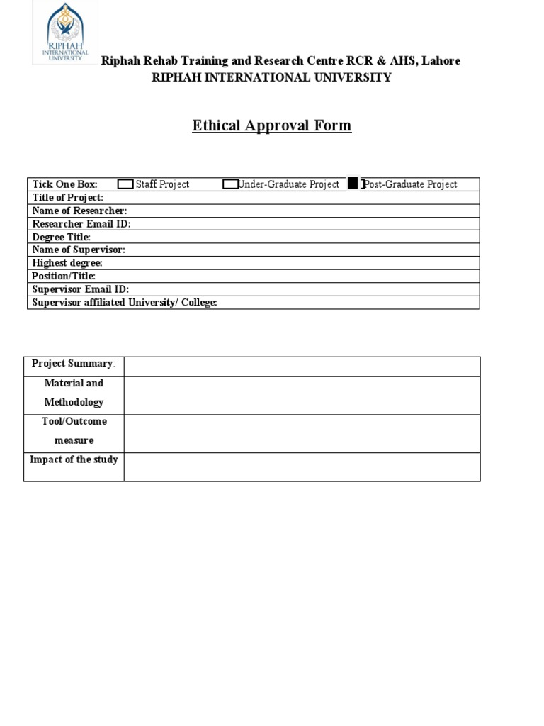 Ethical Approval Form: Riphah Rehab Training and Research Centre RCR ...