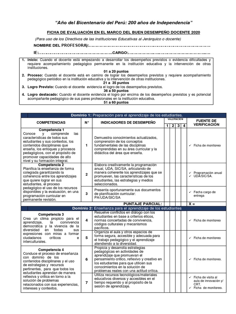 Ficha de Evaluación Docente 2020 | PDF | Maestros | Evaluación