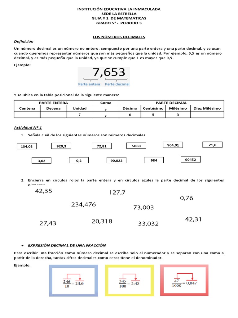 Guía de Números Decimales para 5° Grado | PDF | Decimal | Convenciones ...