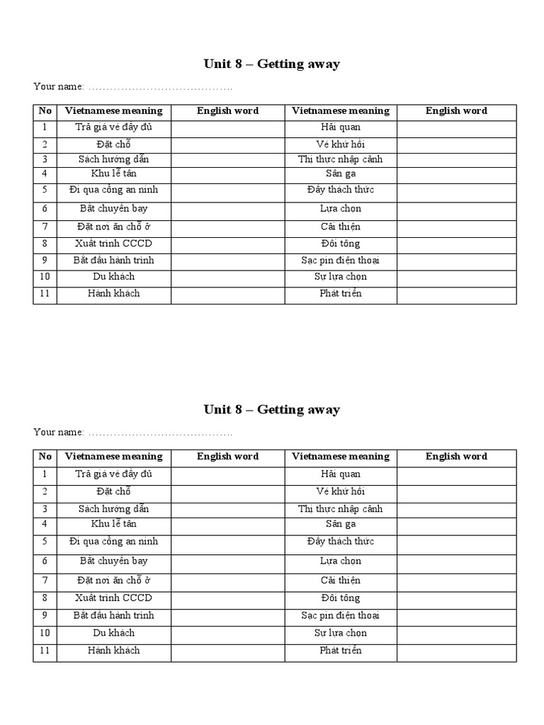 Unit 8 - Getting Away - Vocab | PDF
