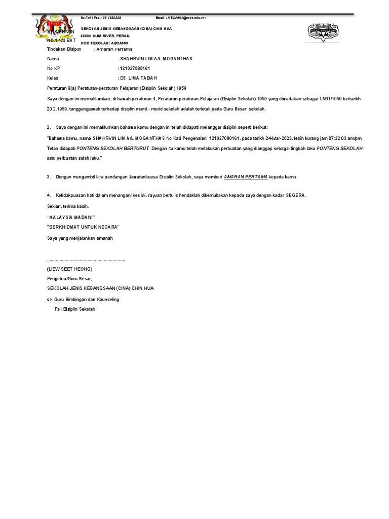 Surat Amaran Ponteng Sekolah 2023 | PDF