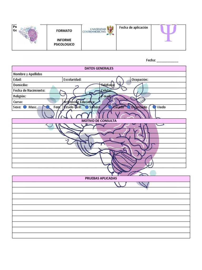 Formato Informe Psicologico: Ps. Jocelyne Mejía Godínez | PDF | Parto | Especialidades Medicas