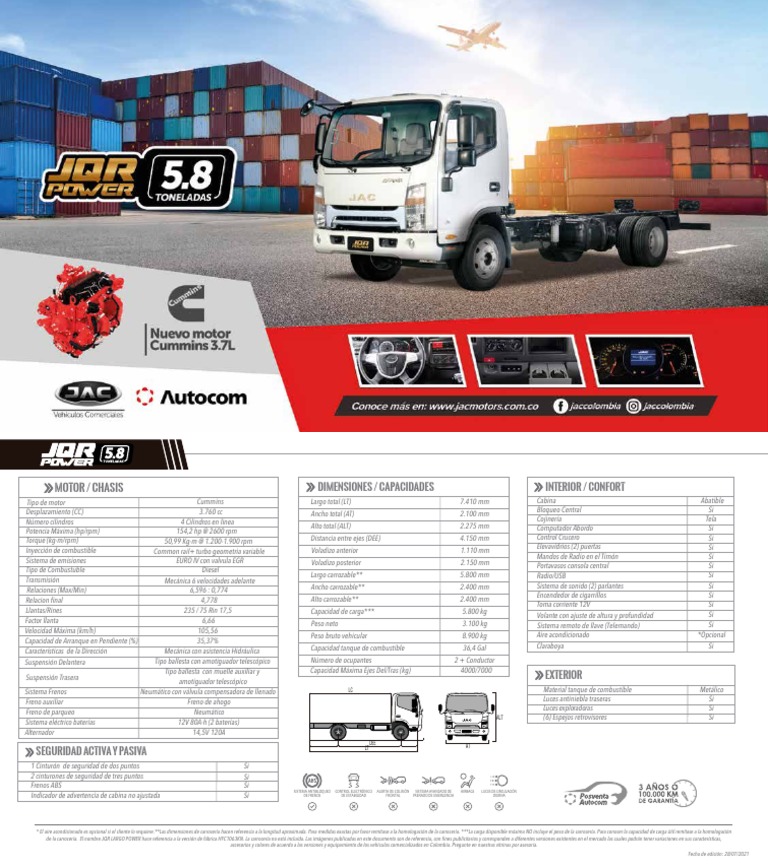 Ficha Tecnica Camion Jac JQR Power | PDF | Sistema de freno antibloqueo | Carros deportivos