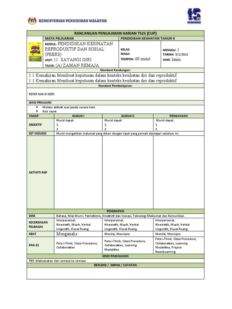 Mata Pelajaran Pendidikan Kesihatan Tahun 4: Rancangan Pengajaran ...