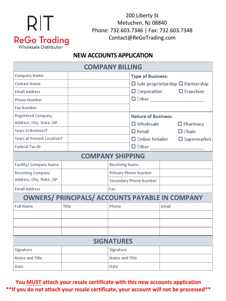 Wholesale Account Application Form | PDF | Law
