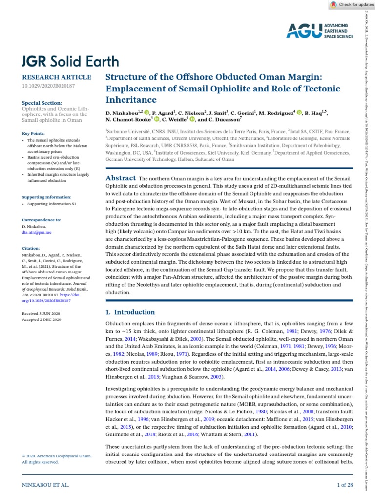 JGR Solid Earth - 2020 - Ninkabou - Structure of The Offshore Obducted Oman Margin Emplacement ...