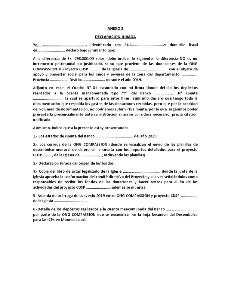 Anexo 2 Declaracion Jurada Yo, ., Identificado Con RUC y Domicilio Fiscal | PDF | Dinero | Economias
