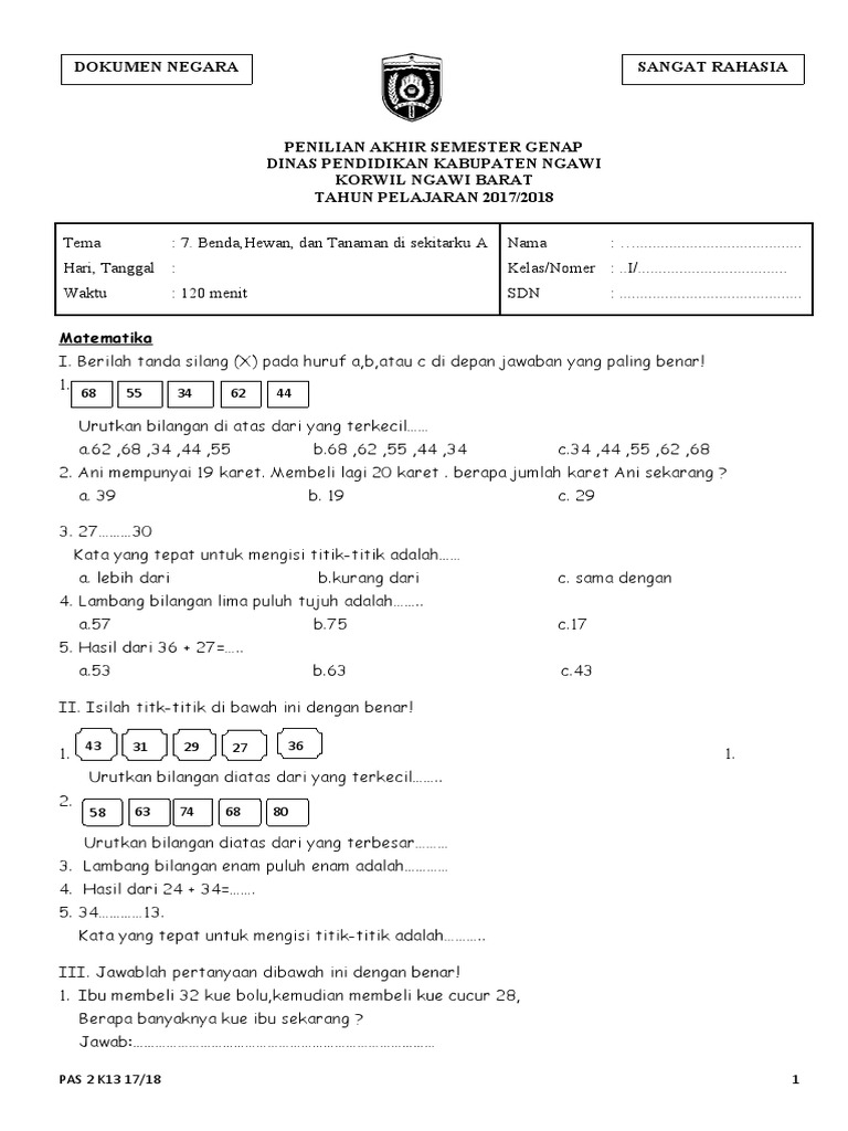 Soal PAS Tema 7 A Kls 1 | PDF