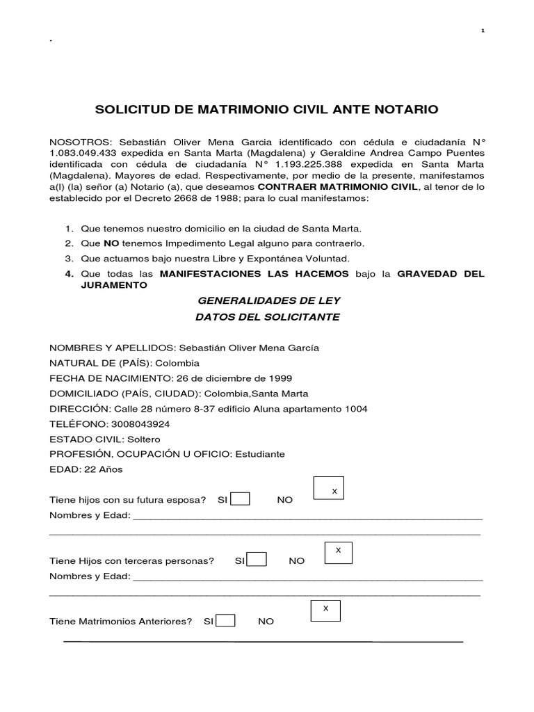 Solicitud de Matrimonio Ante Notario | PDF | Instituciones sociales | Justicia