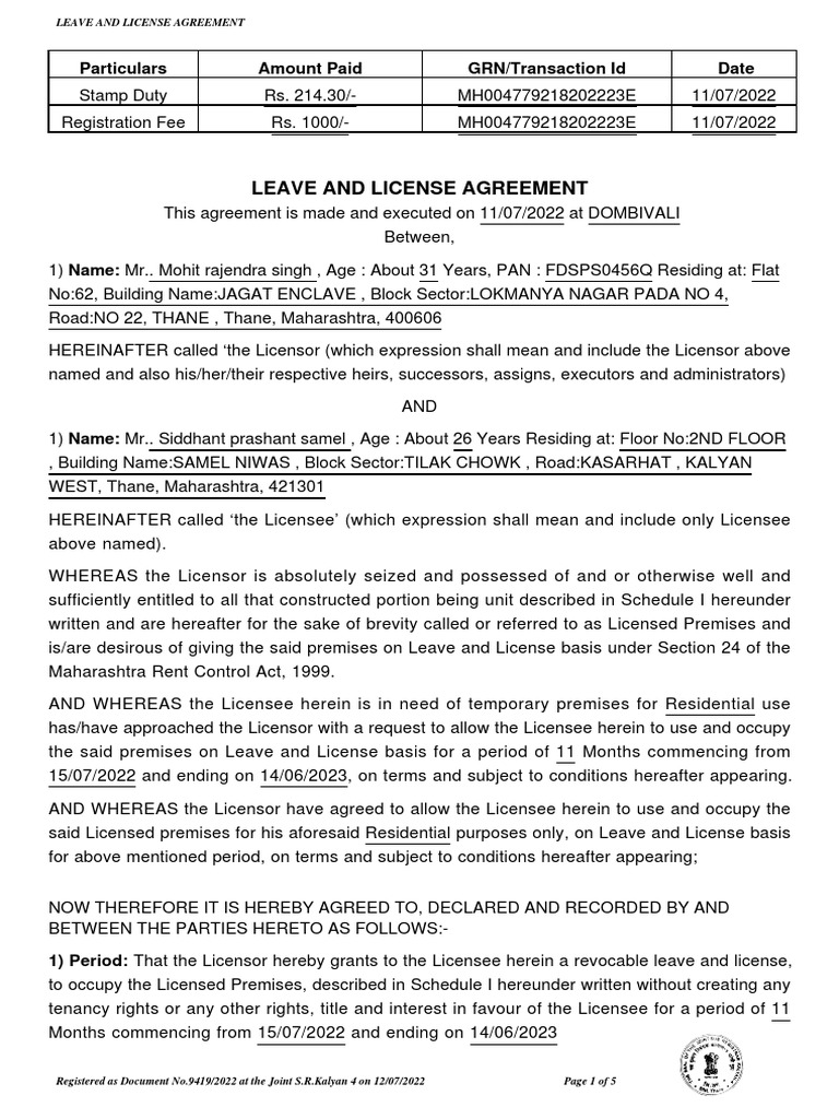 Leave and License Agreement Details | PDF | License | Landlord