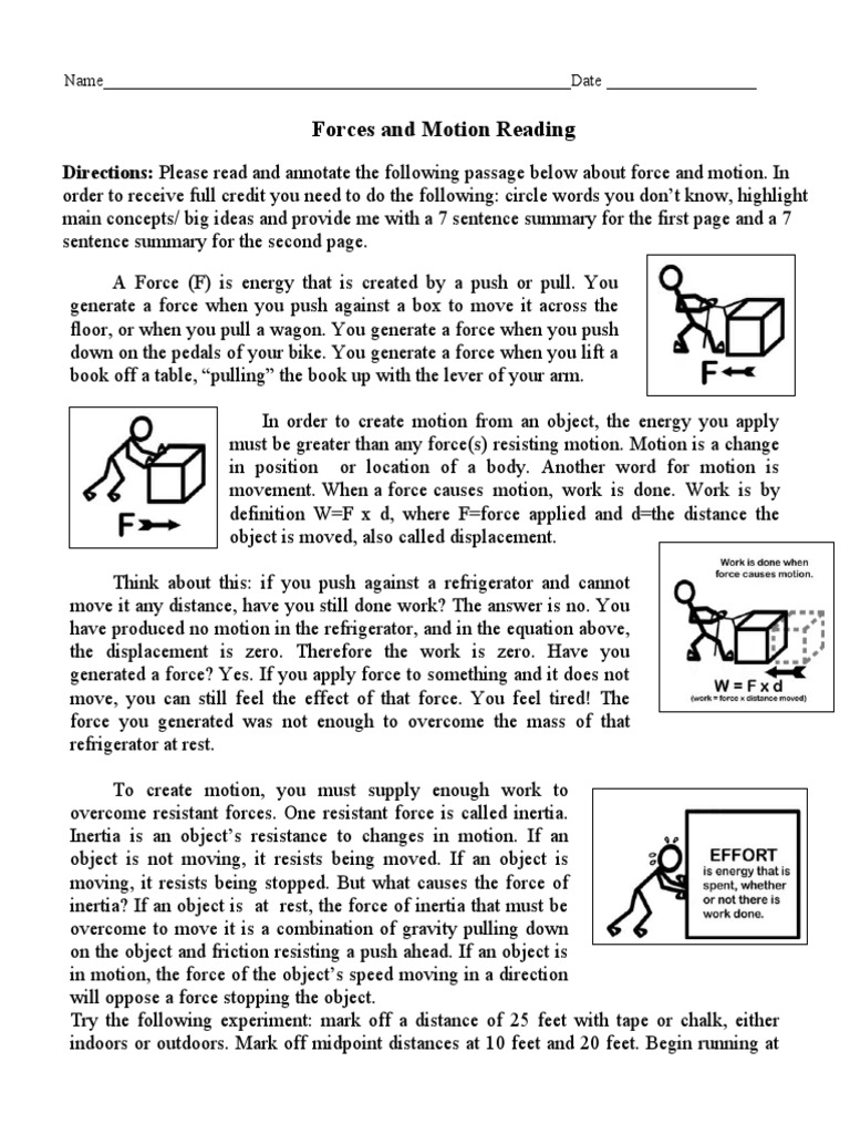 Forces and Motion Reading: Directions: Please Read and Annotate The ...