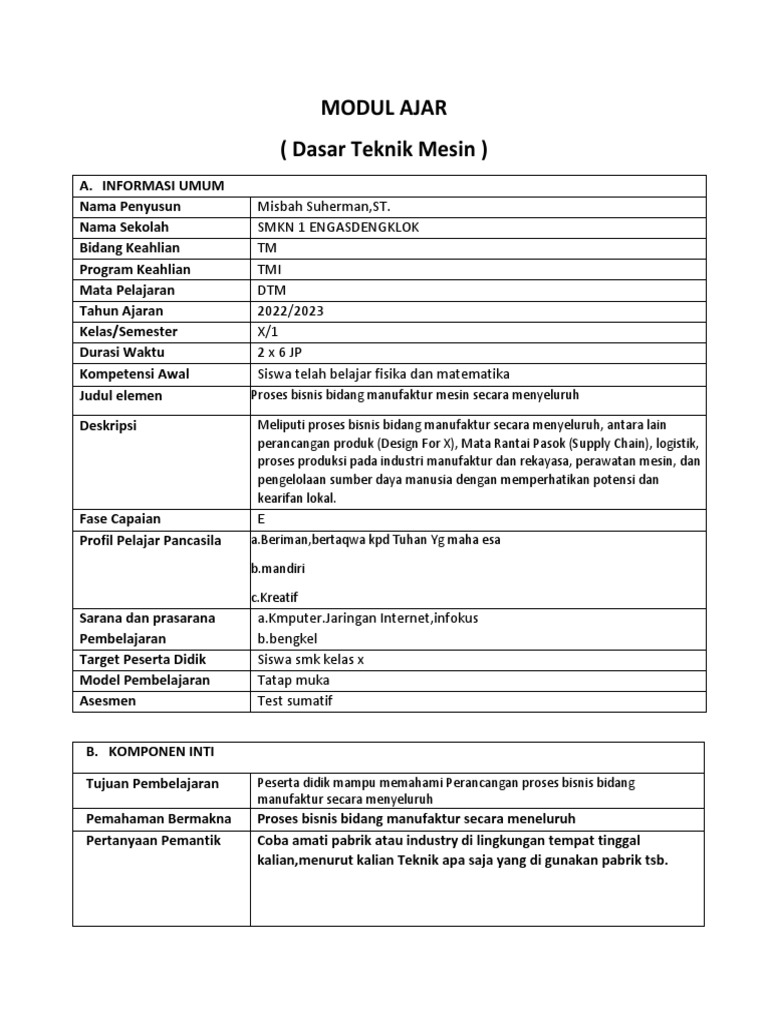 Modul Ajar (Dasar Teknik Mesin) | PDF