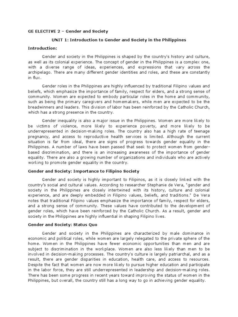 GE ELECTIVE 2 - Gender and Society UNIT 1: Introduction To Gender and Society in The Philippines ...