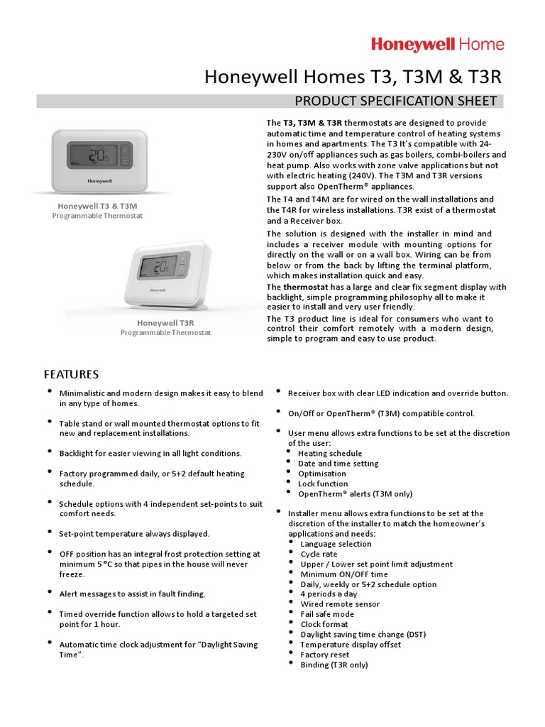 Honeywell t3 Spec Sheet | PDF | Thermostat | Electrical Wiring