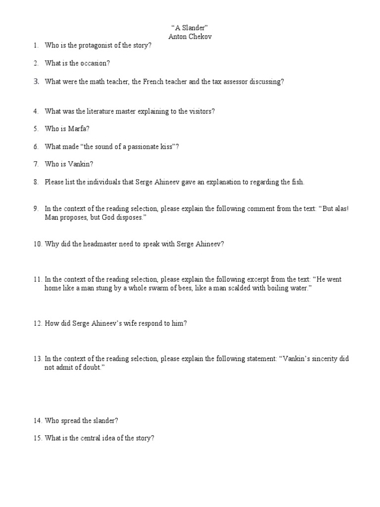"Analysis of Chekhov's 'A Slander'" | PDF