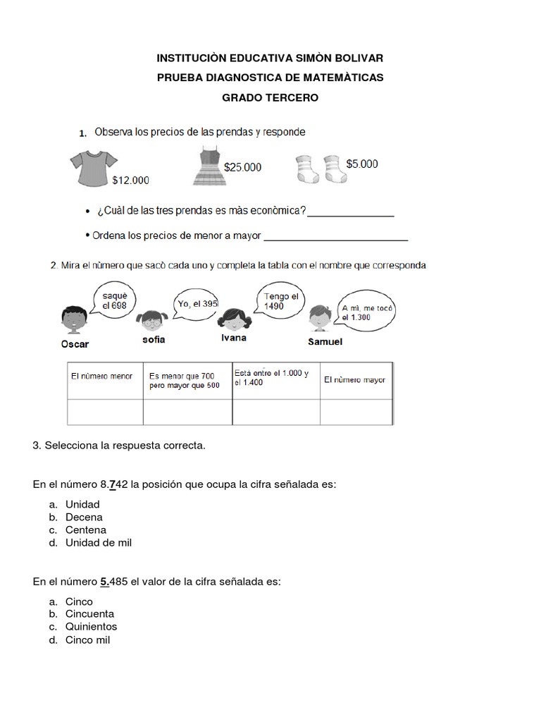 Prueba Diagnóstica Matemáticas 3er Grado | PDF