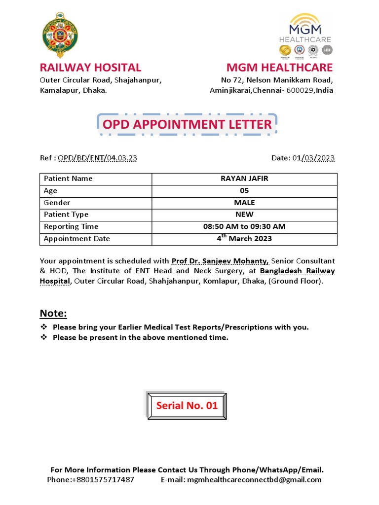 Opd Appointment Letter: Railway Hosital MGM Healthcare | PDF