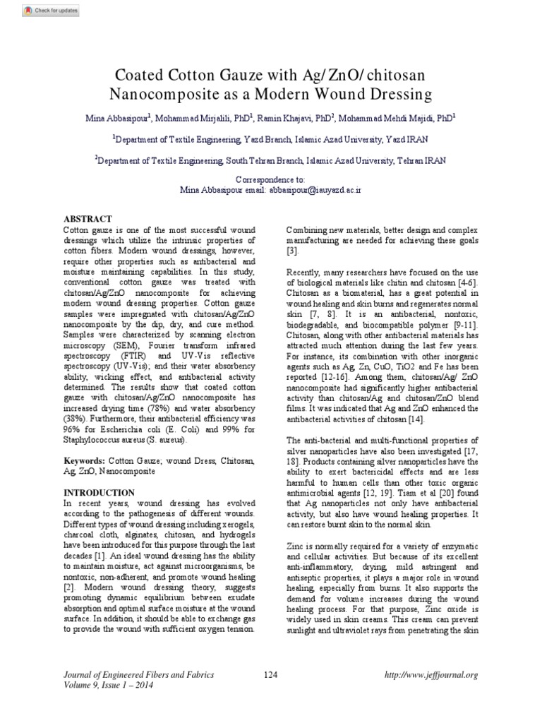 Coated Cotton Gauze With Ag/Zno/Chitosan Nanocomposite As A Modern Wound Dressing | PDF | Zinc ...