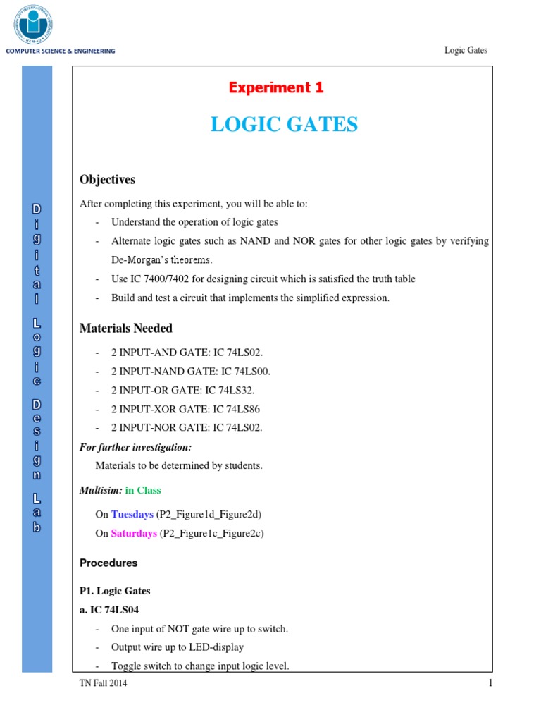 Dld Lab Experiment 1 V1 Pdf Logic Gate Electronic Engineering