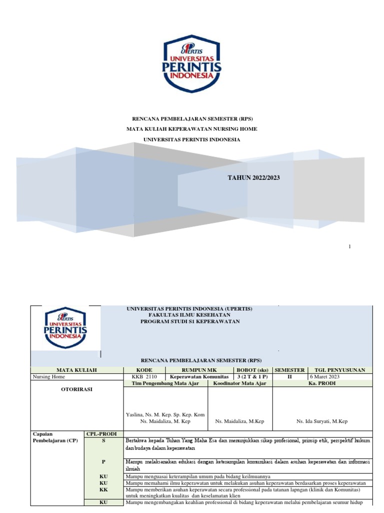 Rencana Pembelajaran Semester (RPS) Mata Kuliah Keperawatan Nursing Home Universitas Perintis ...