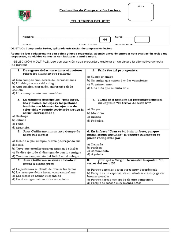 Evaluación Comprensión "El Terror 6°B" | PDF