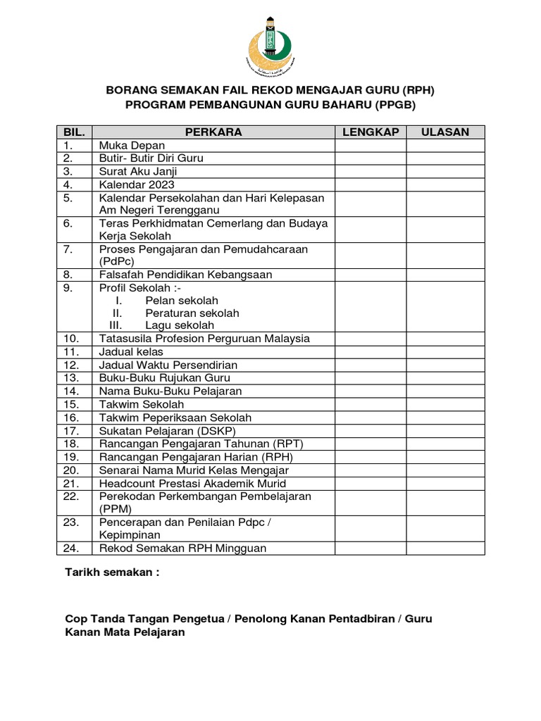Borang Semakan Fail Rekod Mengajar Guru Baharu (PPGB) | PDF