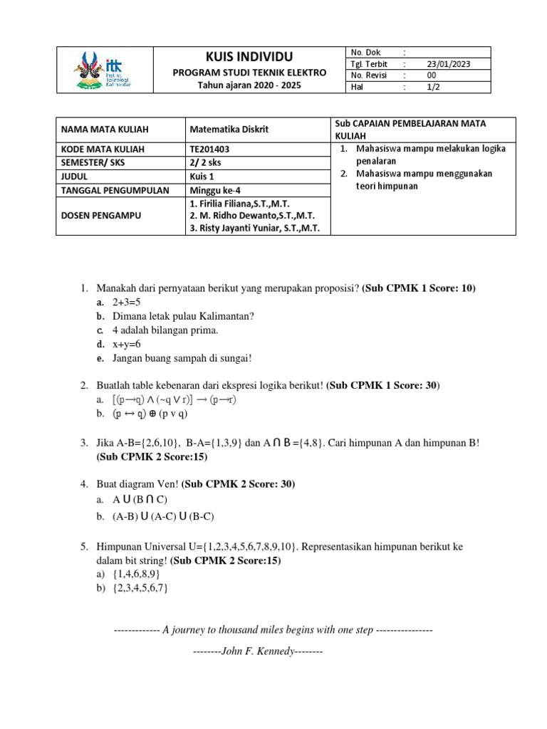 Soal Kuis 1 - Matematika Diskrit - Kop | PDF