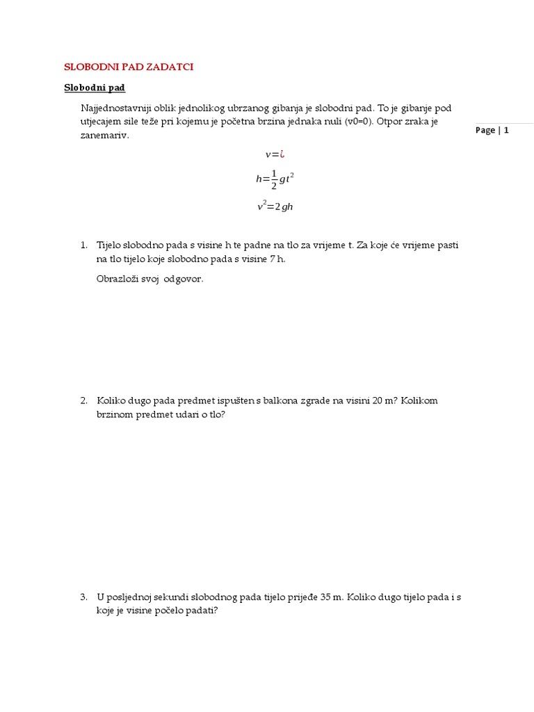 Slobodni Pad Zadatci 1 | PDF